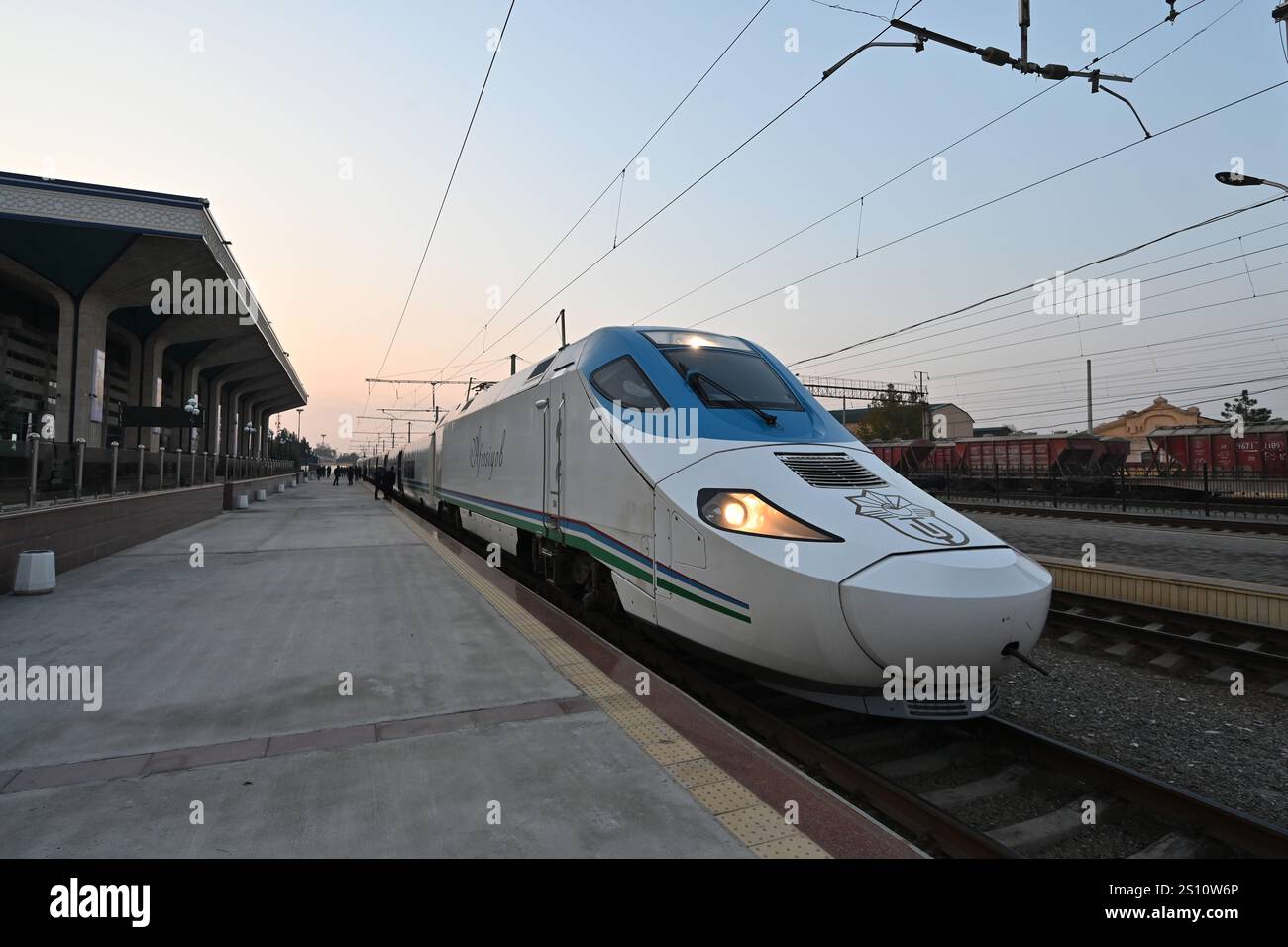 The Afrosiyob high-speed train at the station in Samarkand, Uzbekistan ...