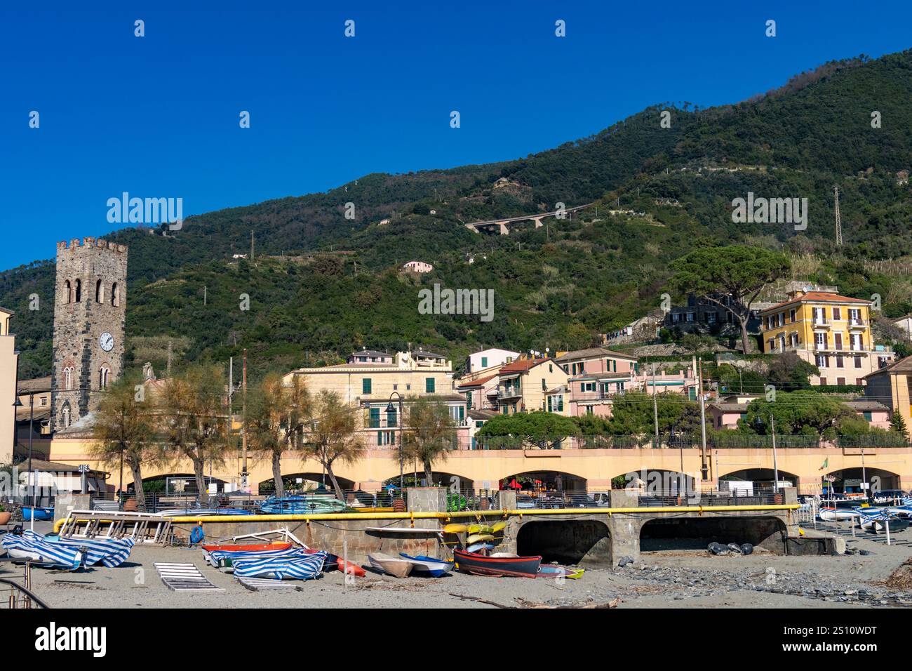 The arched railroad viaduct between the beach and the town of ...
