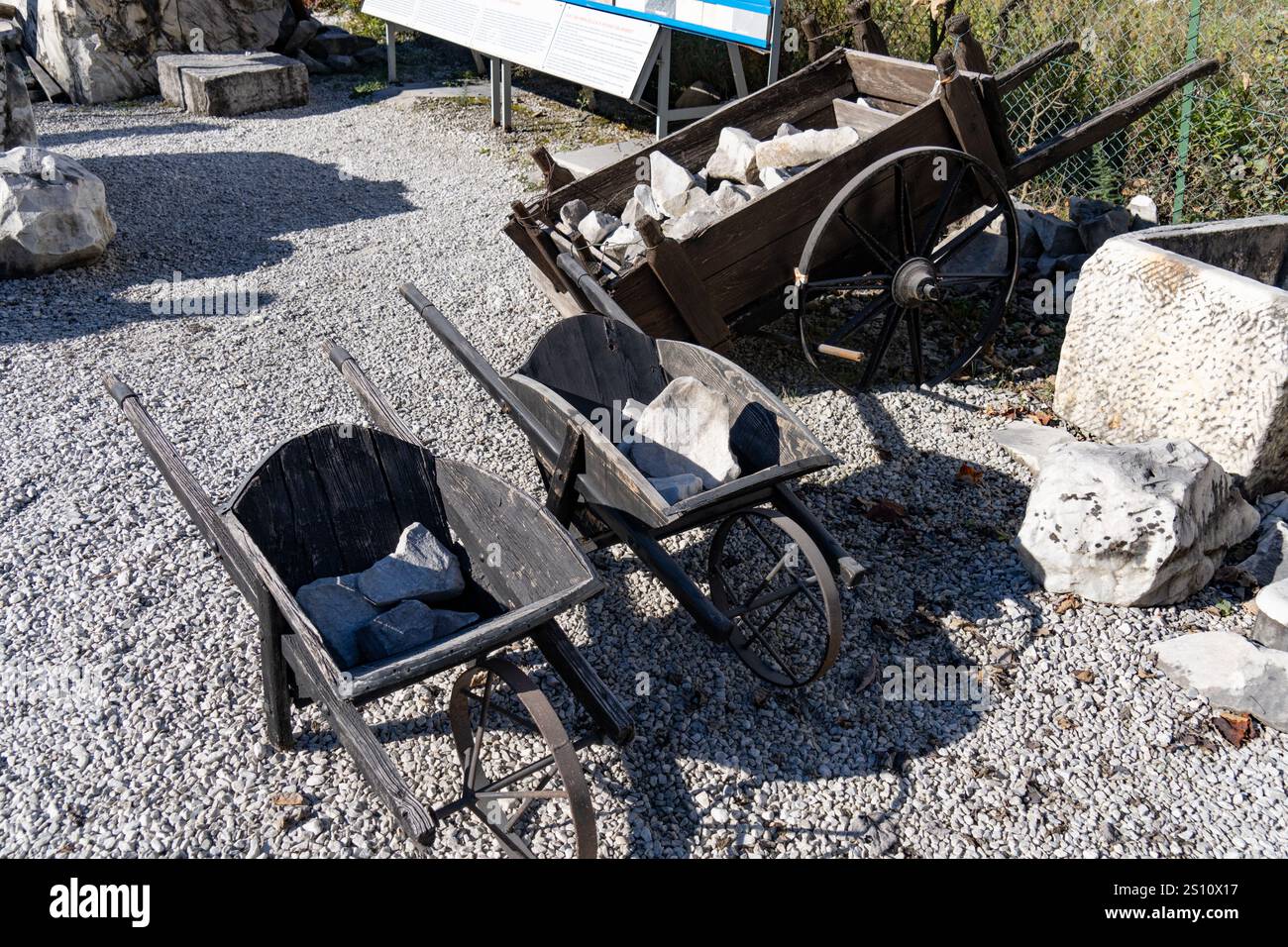 Antique wheelbarrows used to haul small marble blocks from the quarry ...