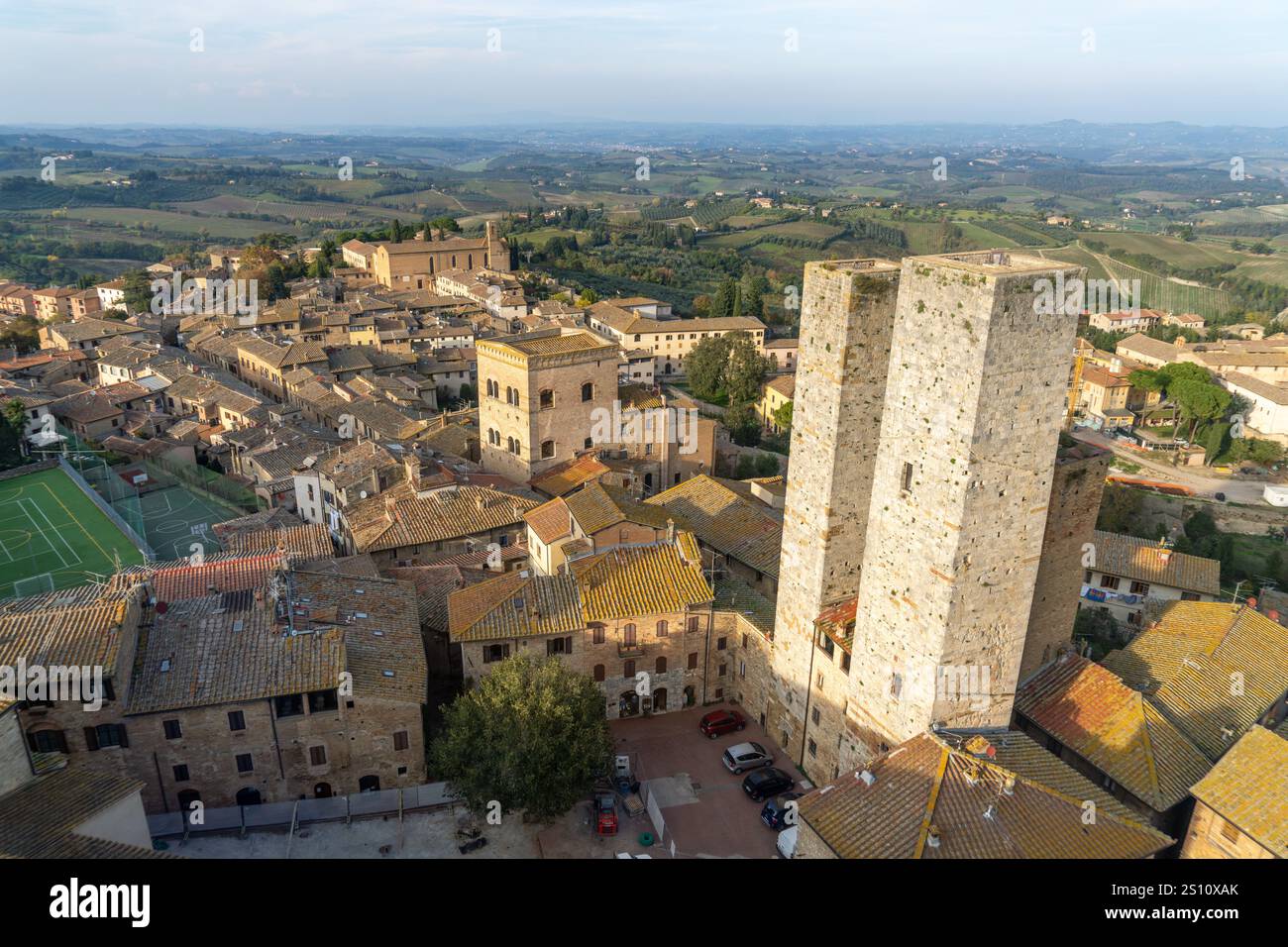 The twin Torri Salvucci or Salvucci Towers in the medieval walled town ...
