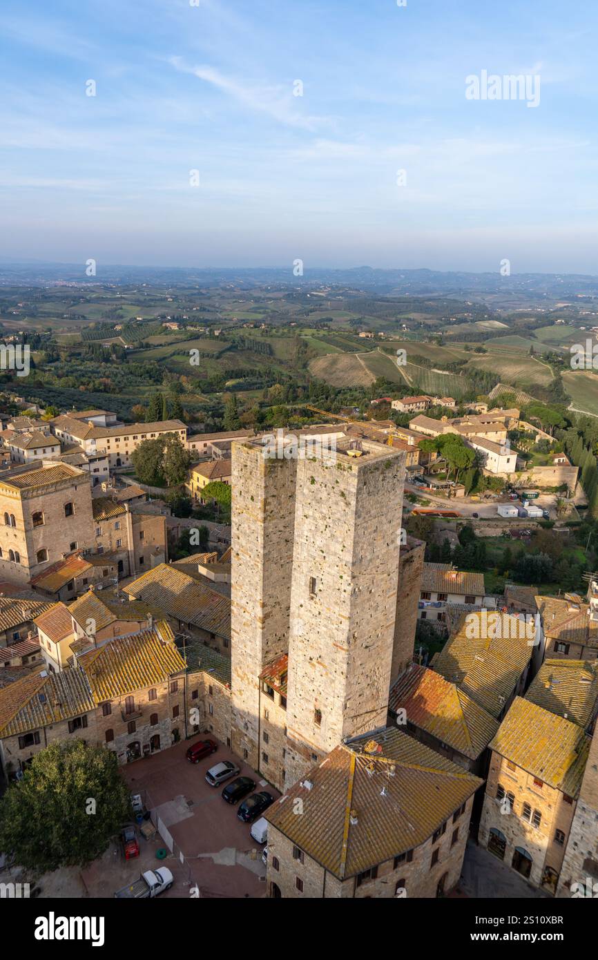 The twin Torri Salvucci or Salvucci Towers in the medieval walled town ...