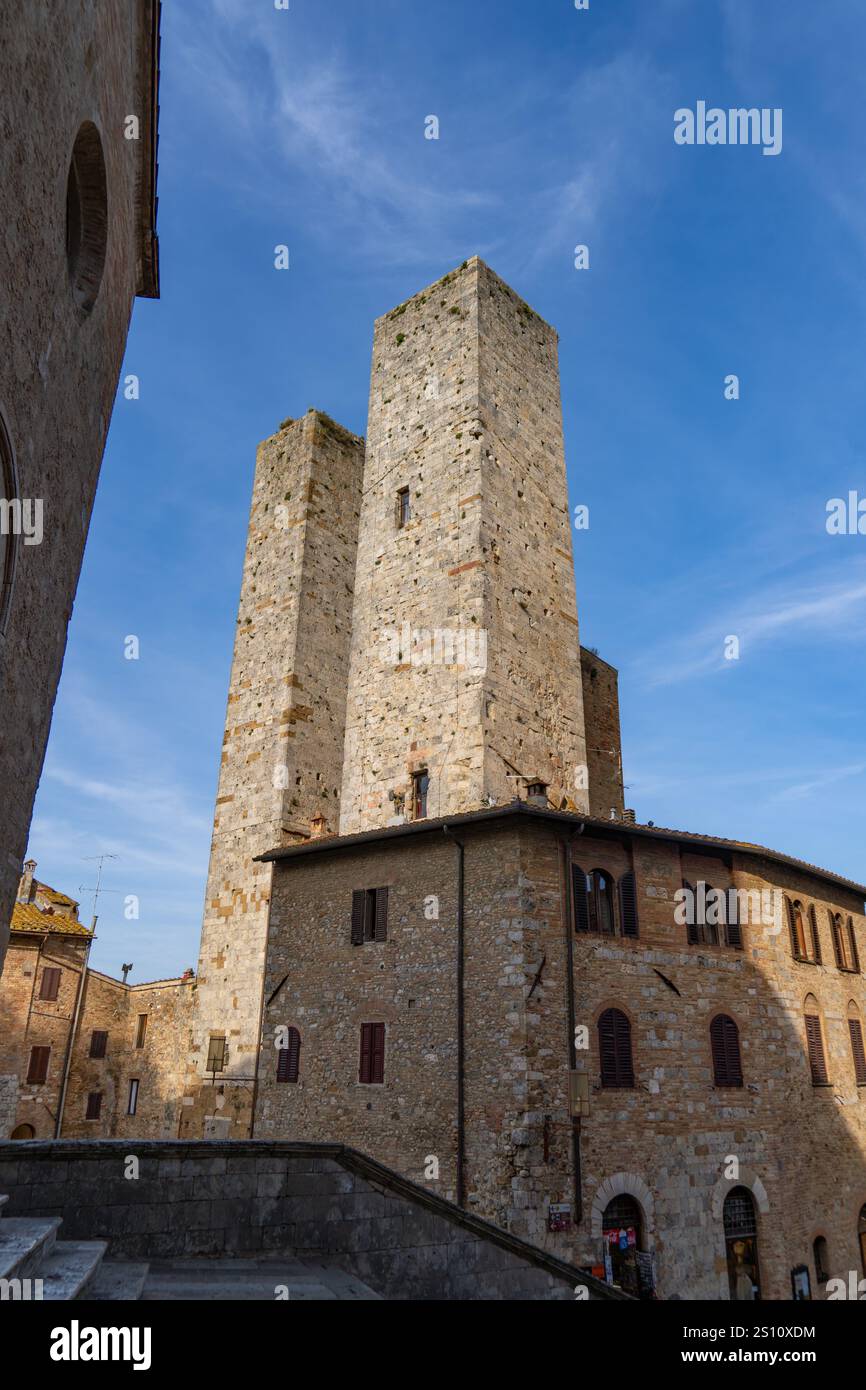 The twin Salvucci Towers in the Piazza della Erbe in the medieval city ...