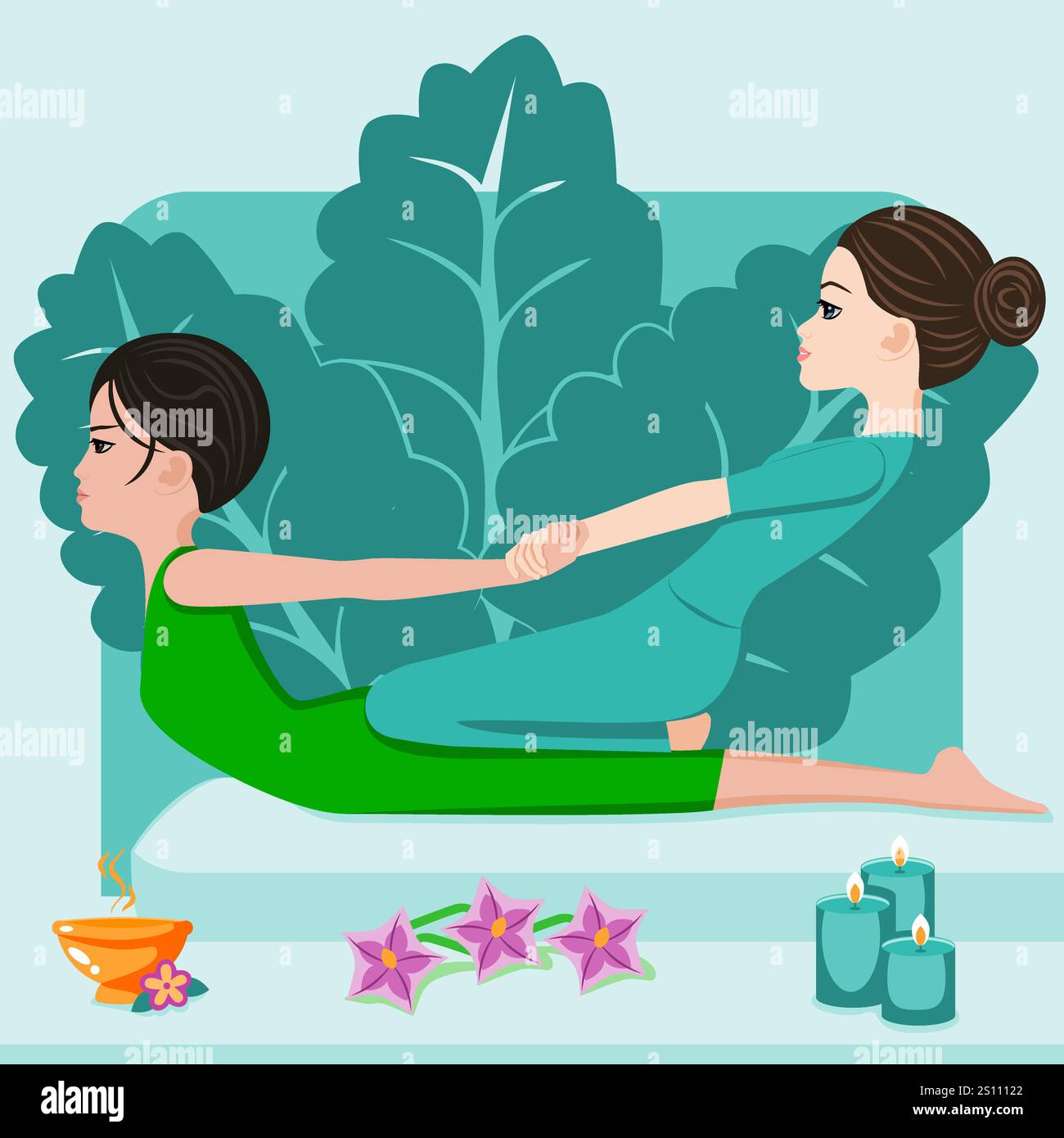 Thai massage. Therapy and treatment by professional therapist in SPA. Isolated flat vector ...