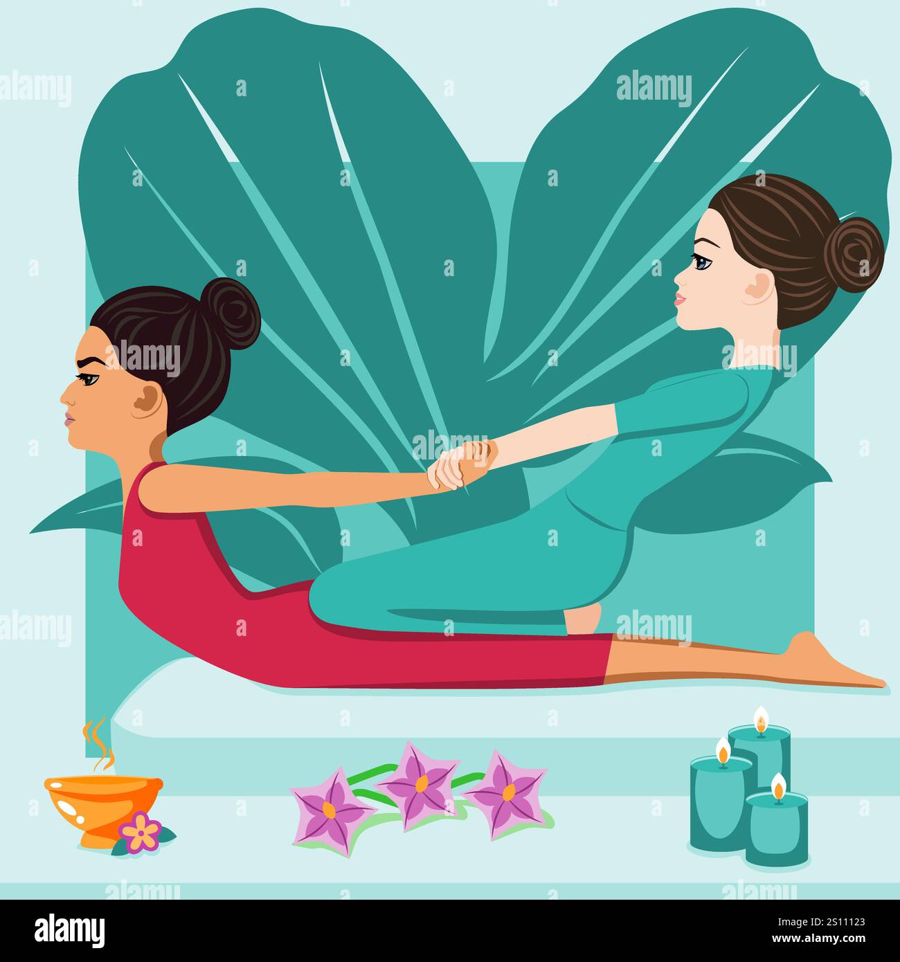 Thai massage. Therapy and treatment by professional therapist in SPA. Isolated flat vector ...