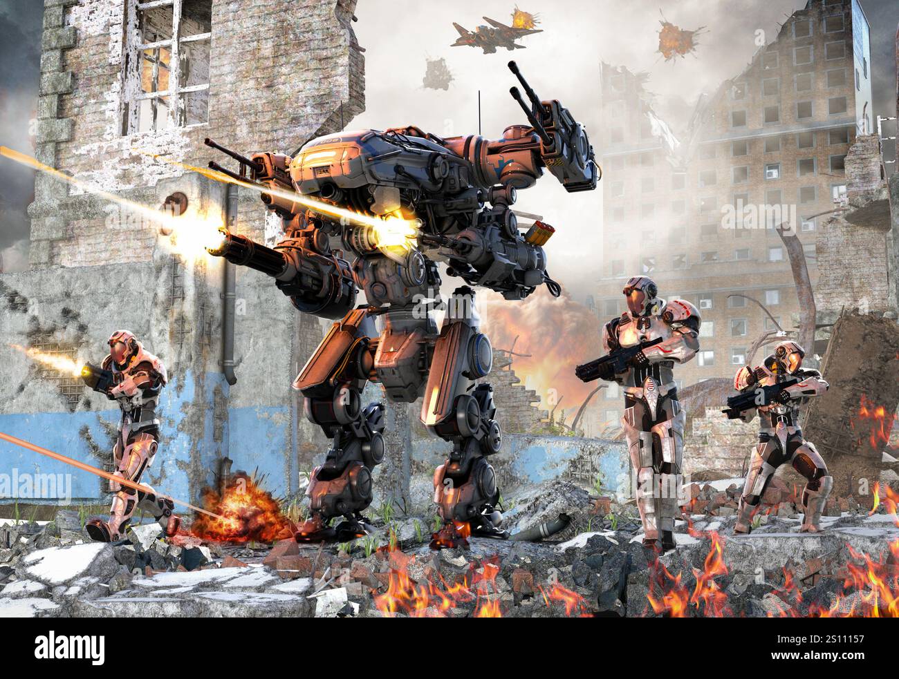 Dramatic scene of futuristic warfare, armored soldiers fighting with a ...