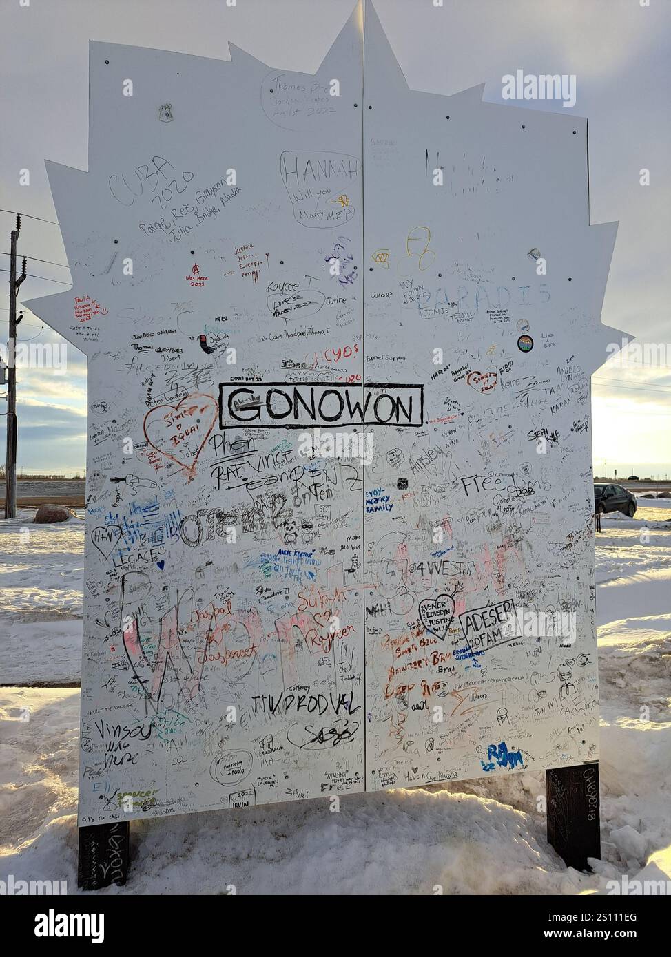 Longitudinal centre of Canada signature sign in Tache, Manitoba, Canada ...