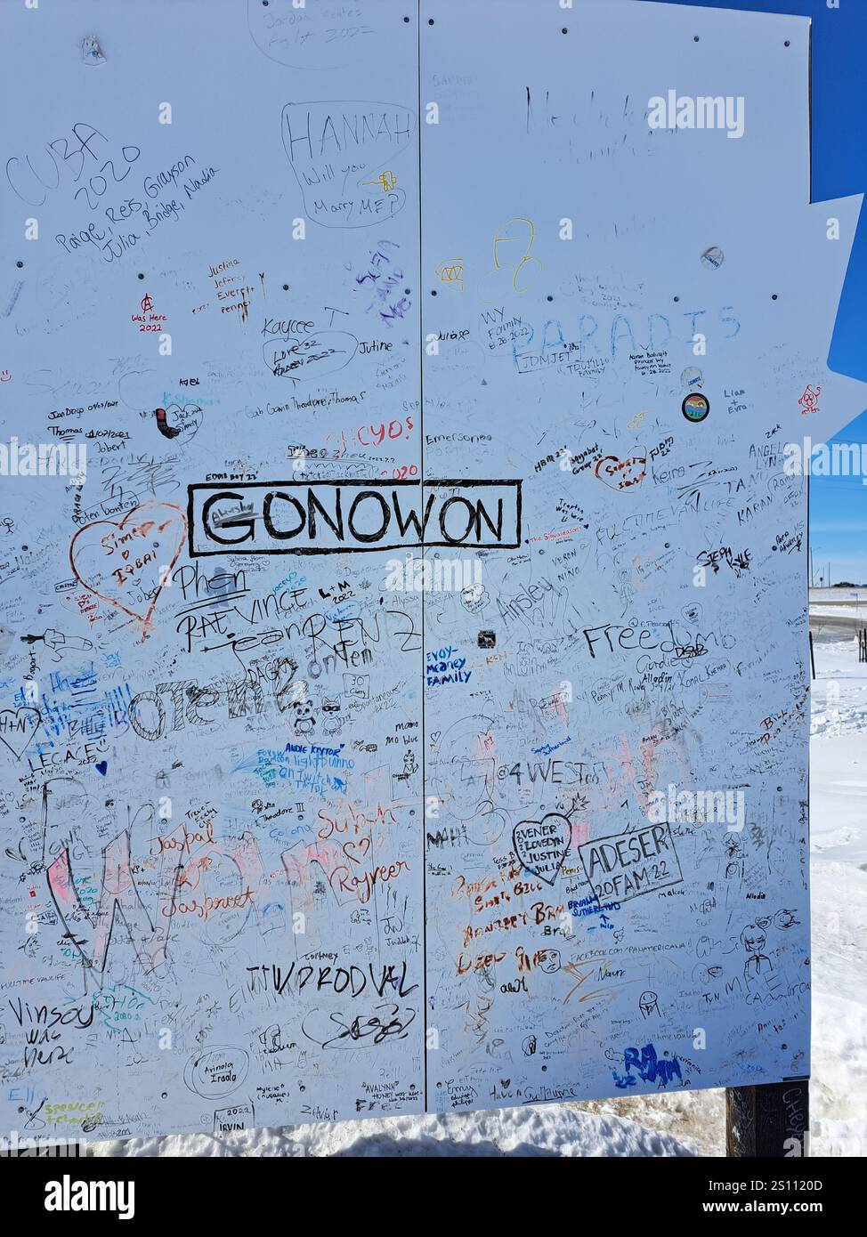 Longitudinal centre of Canada signature sign in Tache, Manitoba, Canada ...