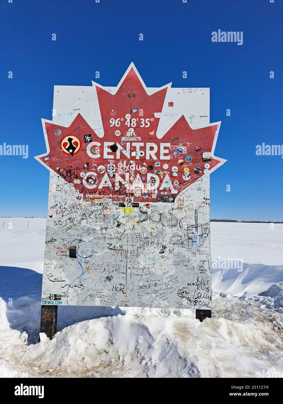 Longitudinal centre of Canada signature sign in Tache, Manitoba, Canada ...
