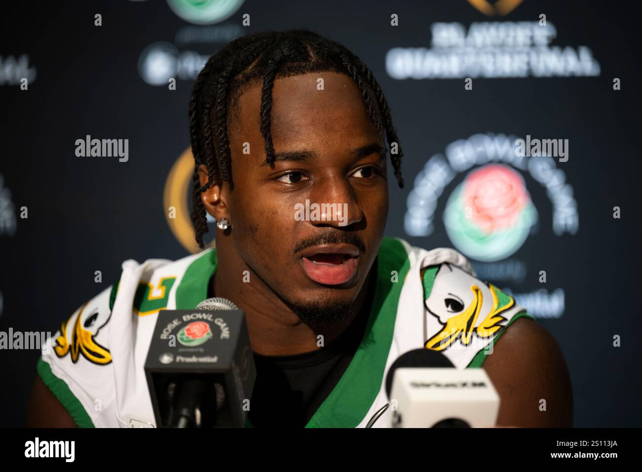 Oregon linebacker Jeffrey Bassa speaks to reporters during a press ...