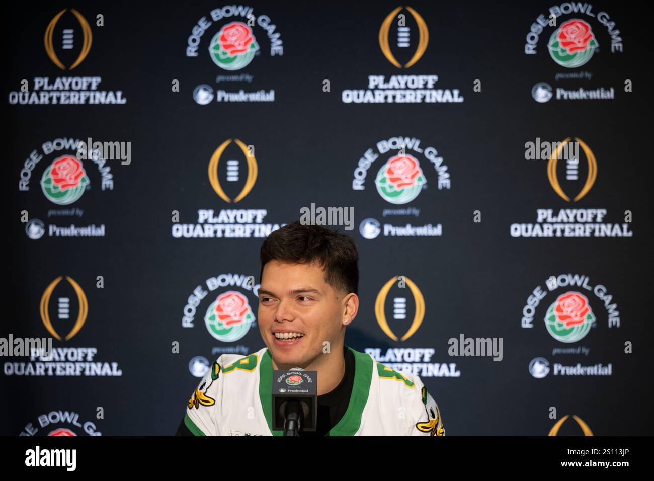 Oregon quarterback Dillon Gabriel speaks to reporters during a press ...