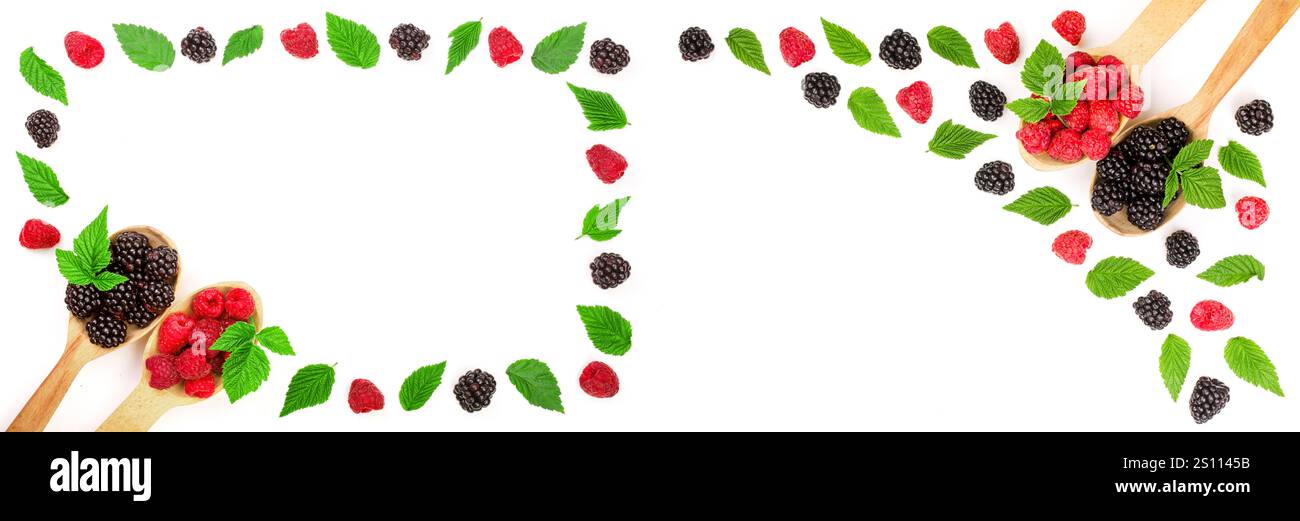 Raspberry blackberry frame isolated on white background with copy space ...