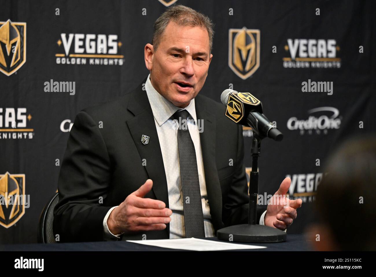 Vegas Golden Knights coach Bruce Cassidy speaks at a news conference ...
