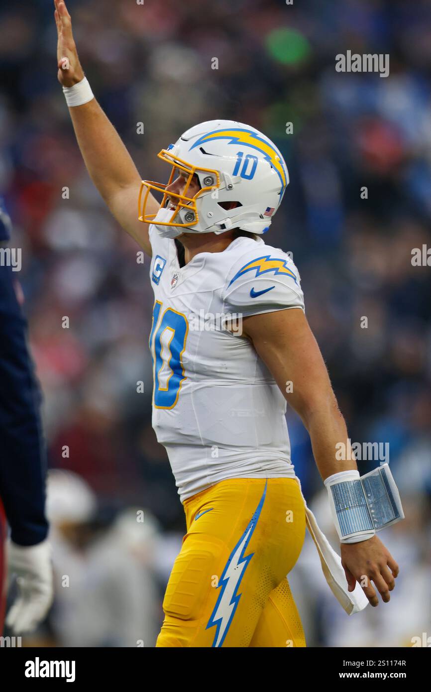 Los Angeles Chargers quarterback Justin Herbert (10) reacts after a ...