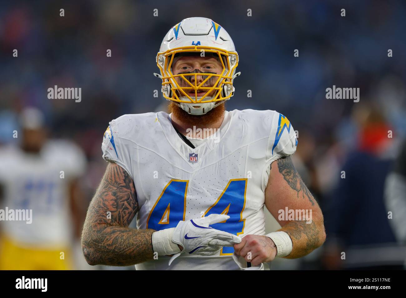 Los Angeles Chargers defensive tackle Scott Matlock (44) reacts after ...