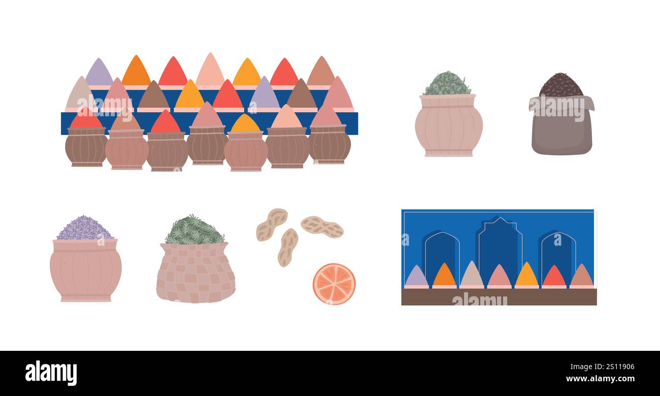 Eastern asian arabic spice market. Oriental bazaar elements vector ...