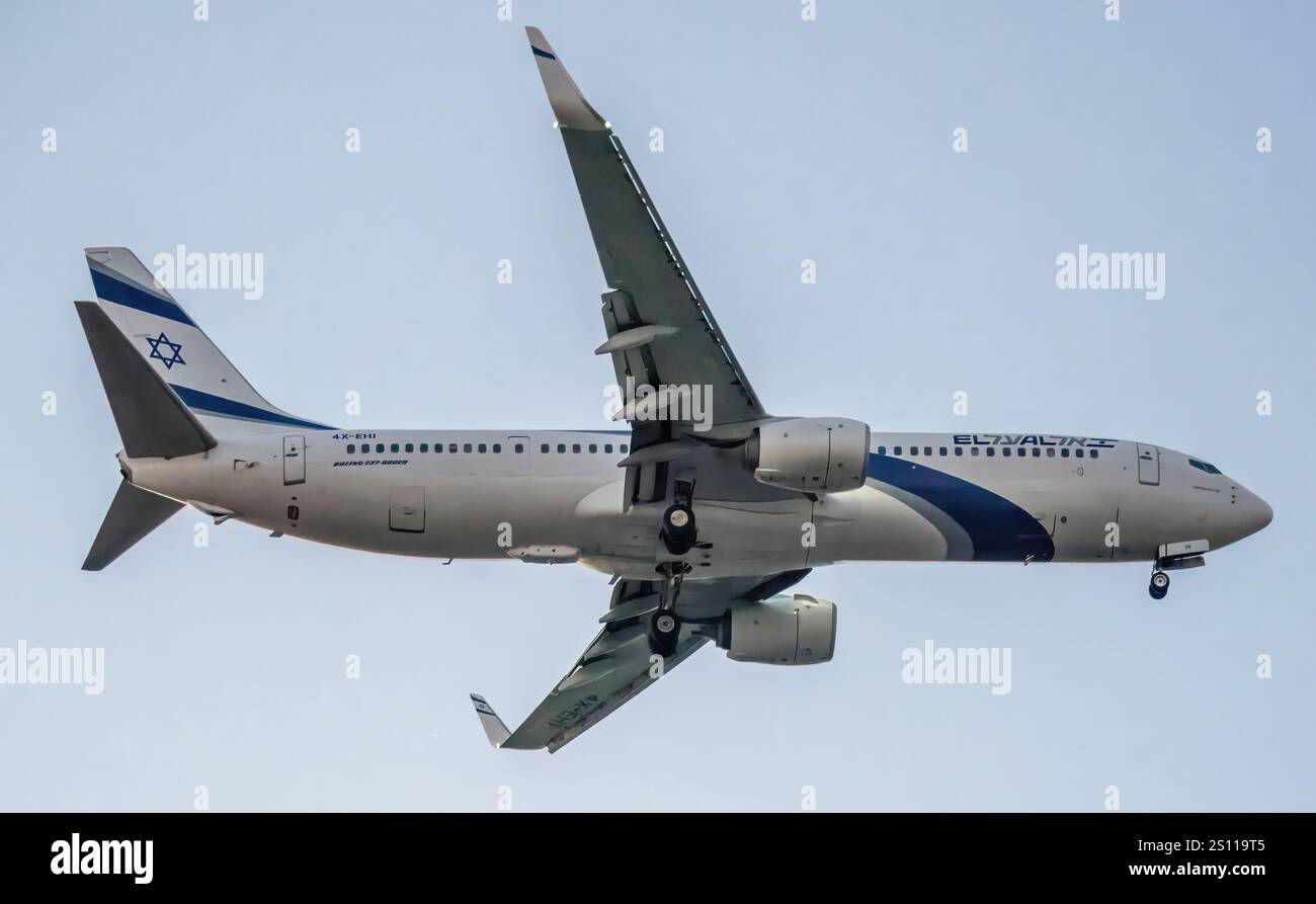 Israeli airliner, El Al Boeing 373 airplane flying high above Israel ...