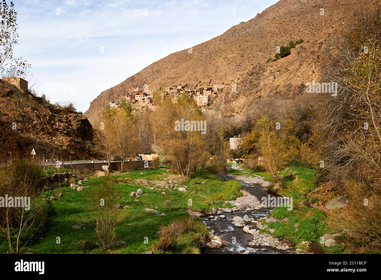 view along the imlil valley with small berber village on the ...