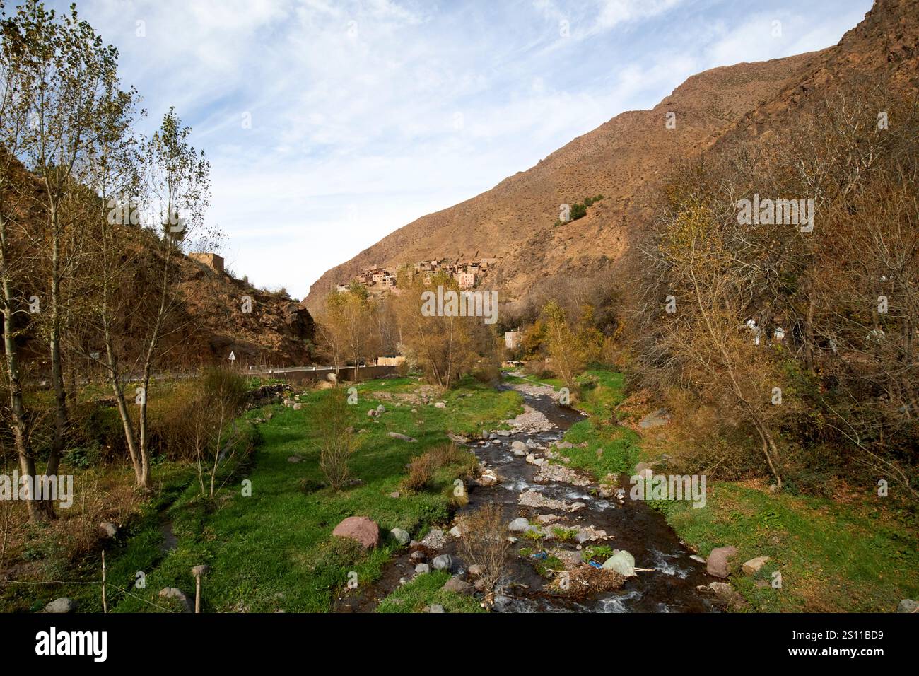 view along the imlil valley with small berber village on the ...