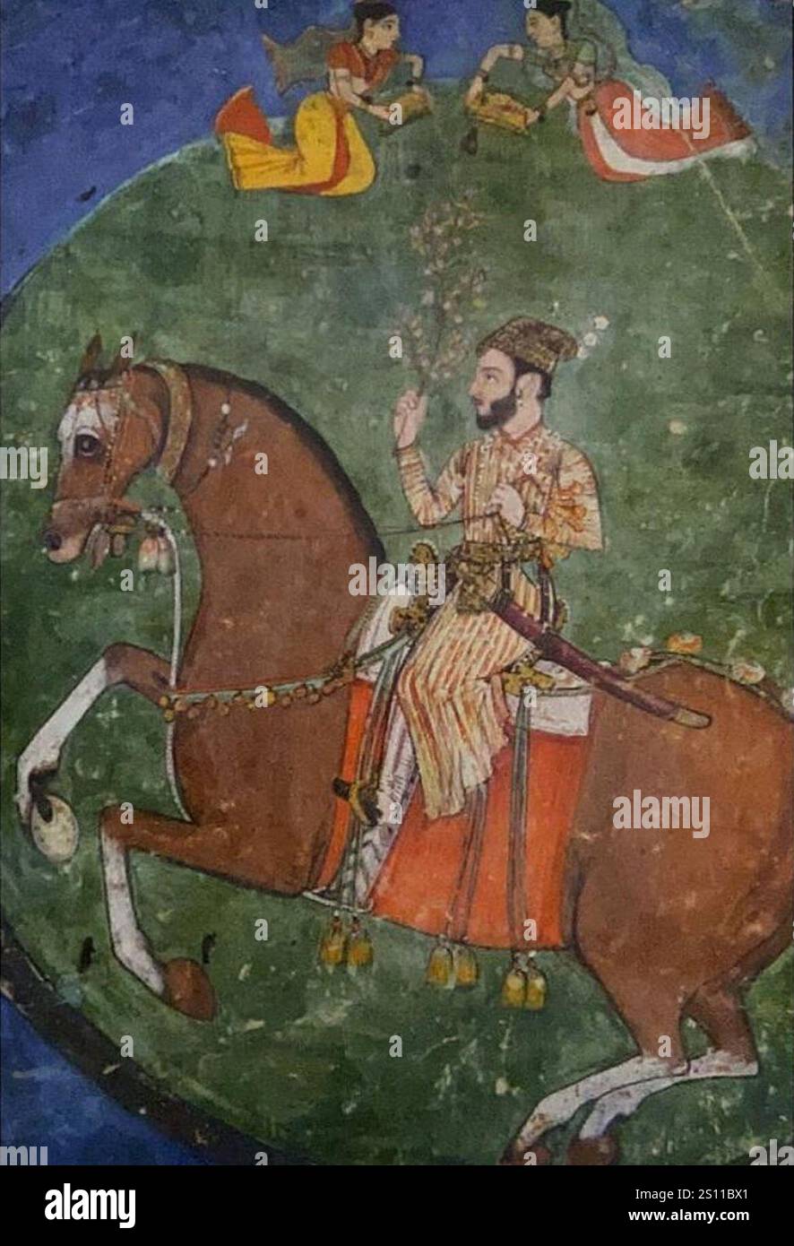 Equestrian painting of Guru Har Rai with two angelic figures above ...