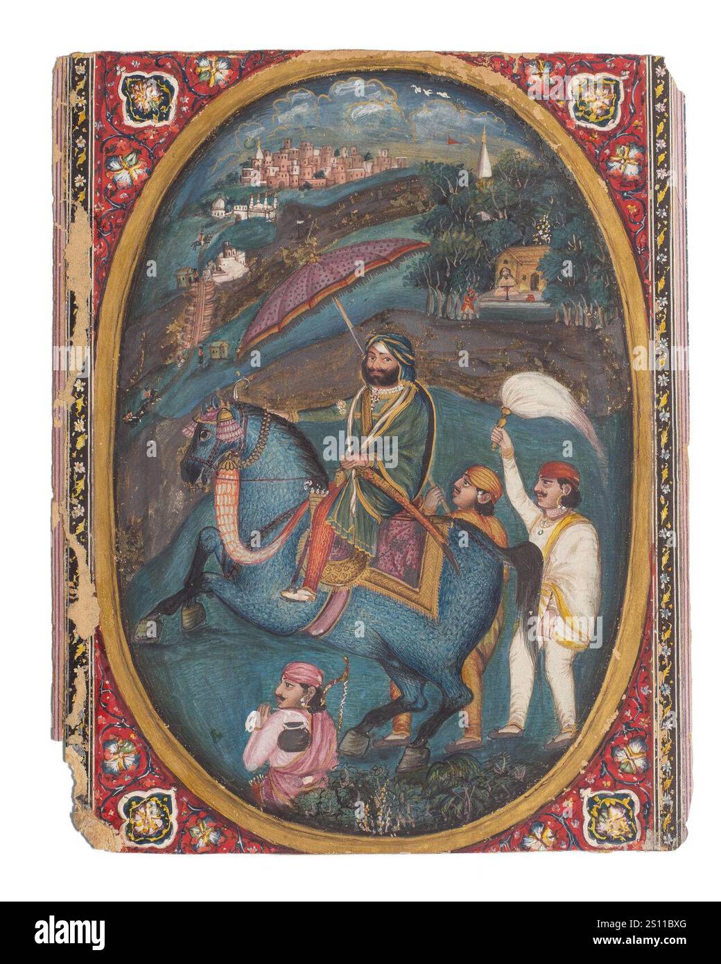 Equestrian painting of Lehna Singh Majithia riding past a walled city ...