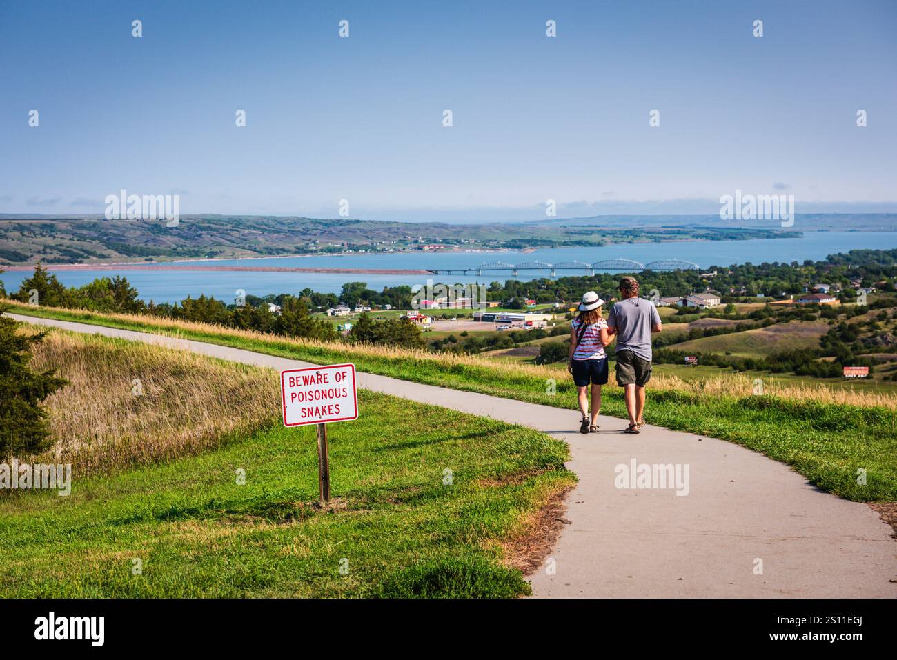 Chamberlain SD USA - August 26, 2017: Couple walks on path overlooking ...