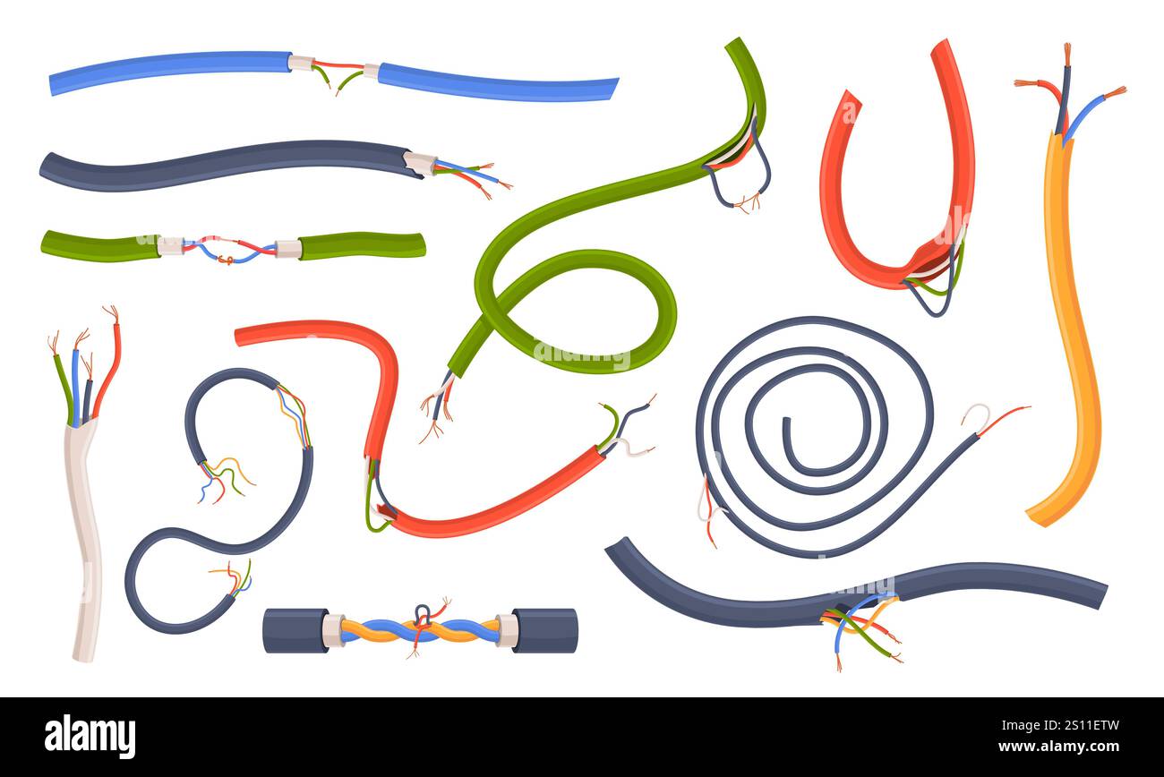 Damaged electric cables. Cartoon torn color cords, broken communication ...