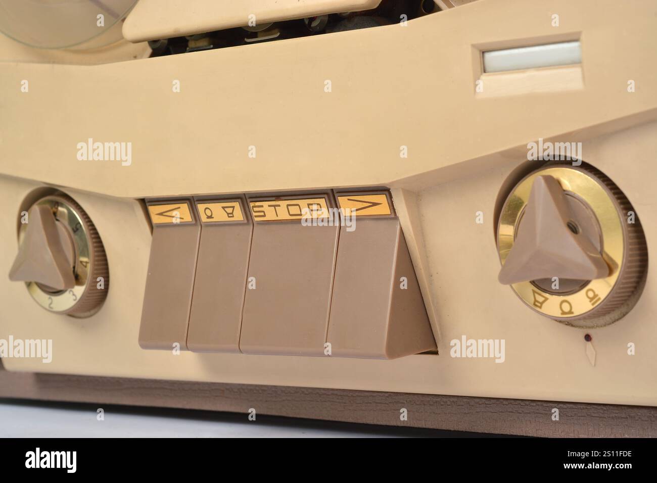 Detail of 1960s reel-to-reel tape recorder controls for recording music ...