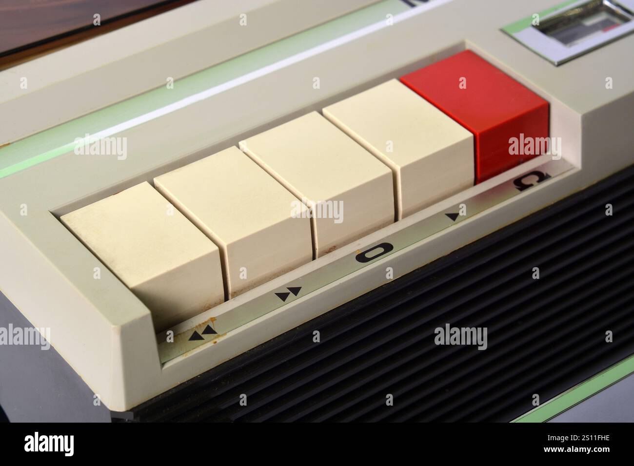 Detail of 1960s reel-to-reel tape recorder controls for recording music ...