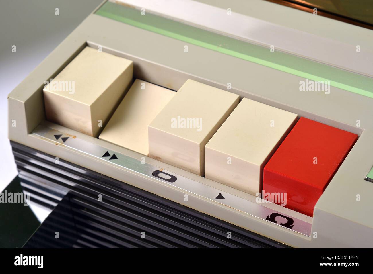 Detail of 1960s reel-to-reel tape recorder controls for recording music ...