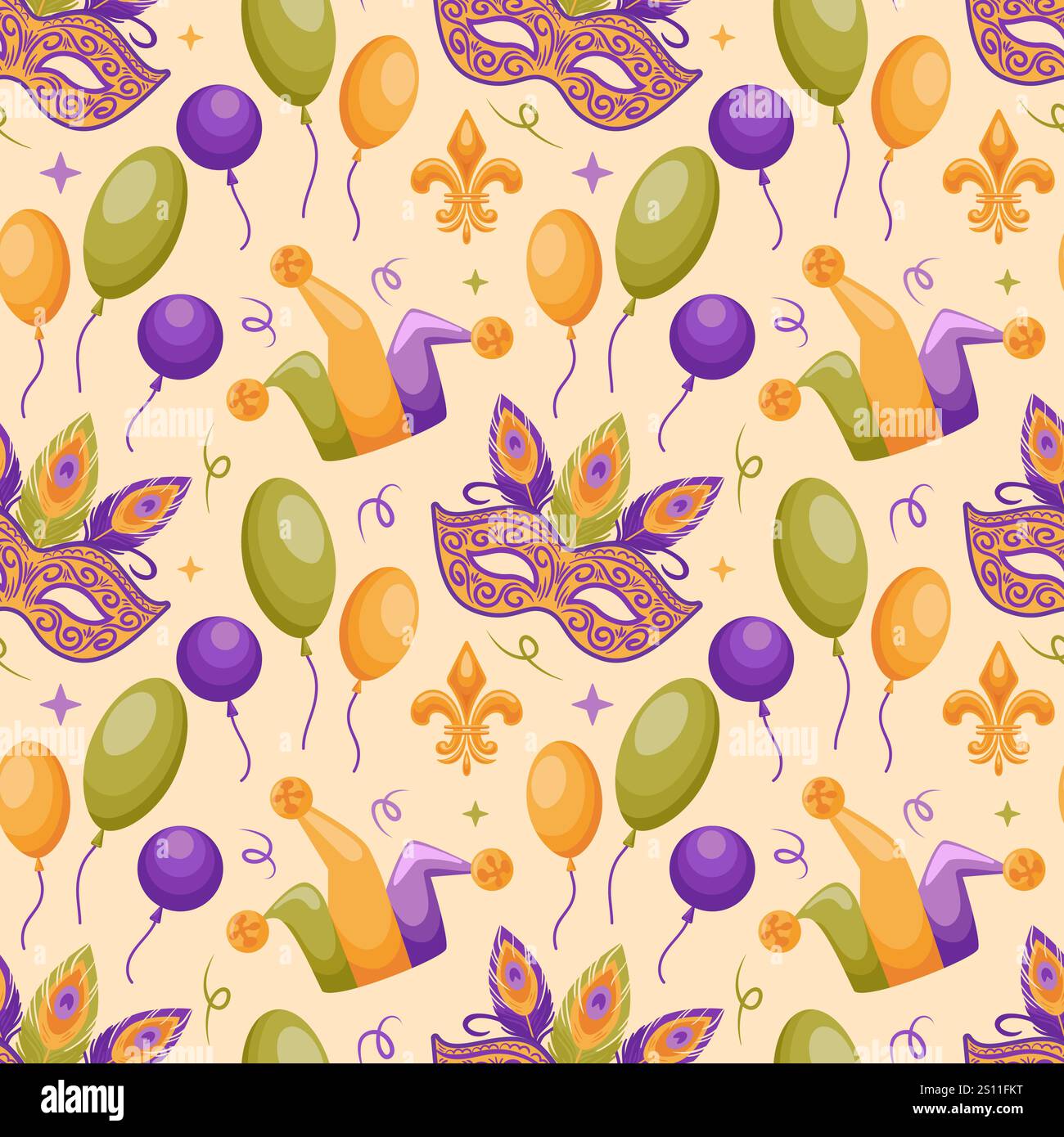 A seamless pattern featuring balloons, jester hats, fleur-de-lis motifs ...