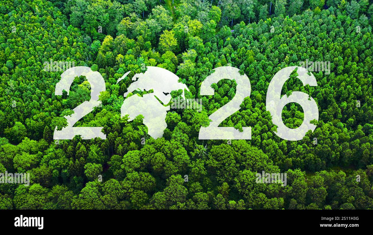 New year 2026 with globe Earth from Europe, Africa, Asia from above ...