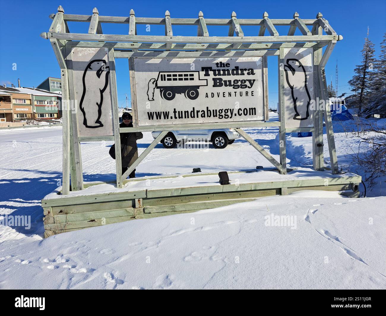 The Tundra Buggy Adventure sign in downtown Churchill, Manitoba, Canada ...