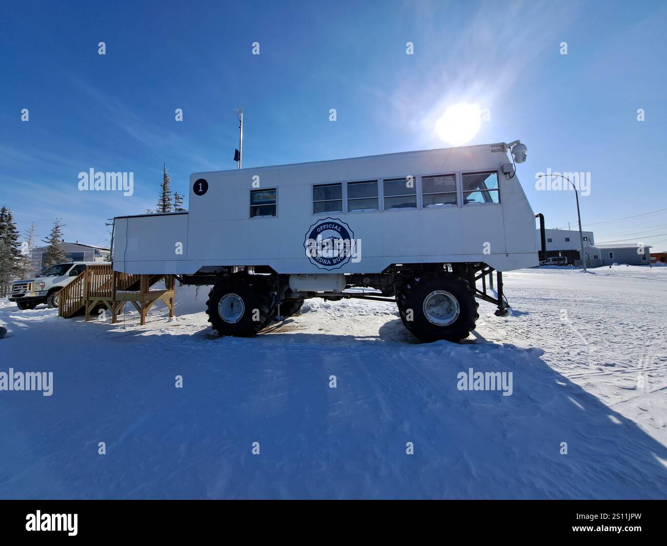 Tundra buggy parked in downtown Churchill, Manitoba, Canada Stock Photo ...