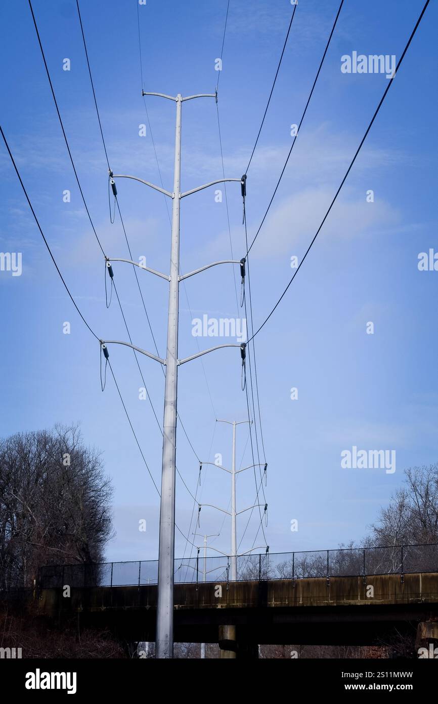 Electric power lines along Four Mile Run in Arlington, Virginia Stock ...