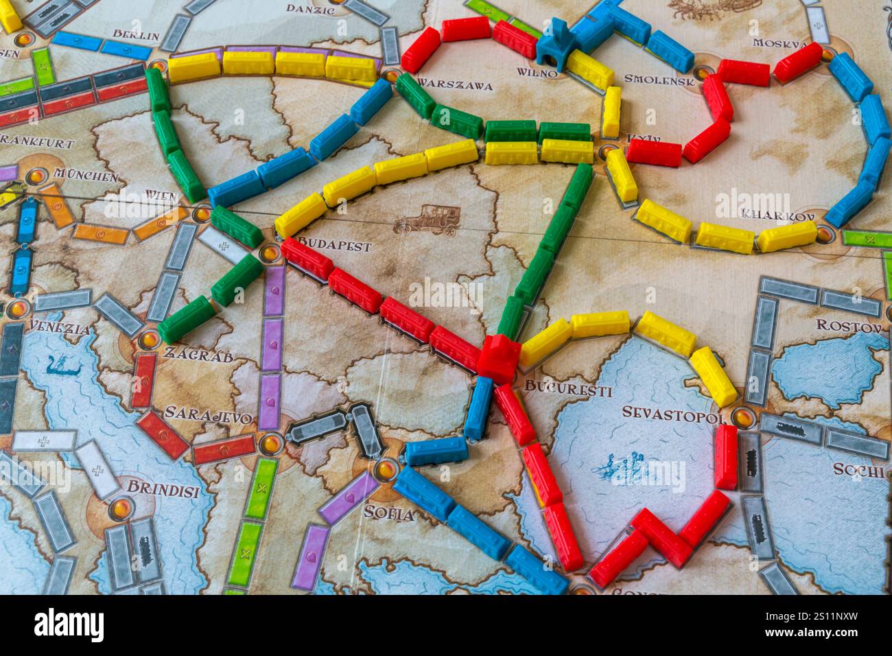 Ticket to Ride Europe board game close up detail - coloured Train Cars ...