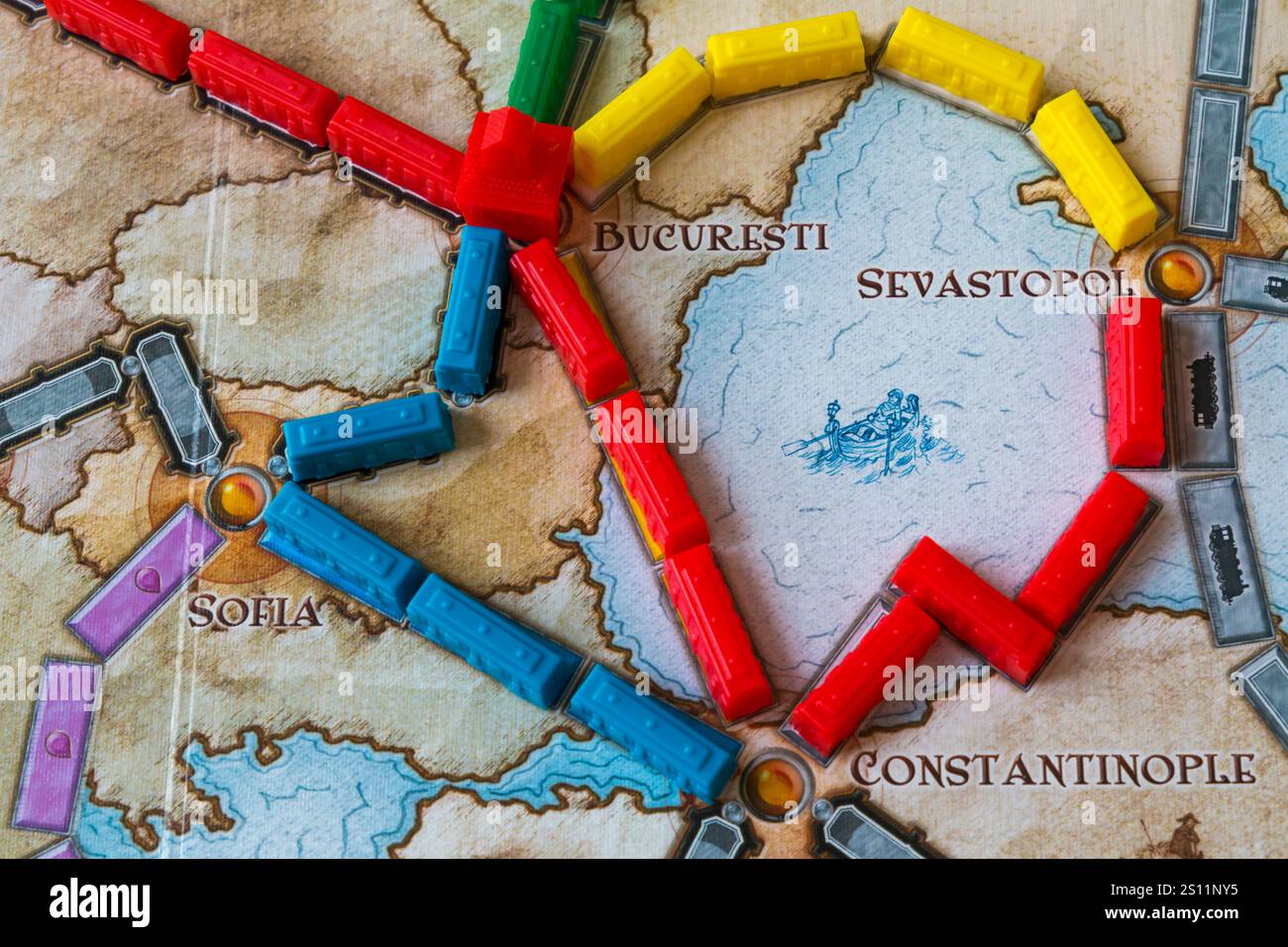 Ticket to Ride Europe board game close up detail - coloured Train Cars ...