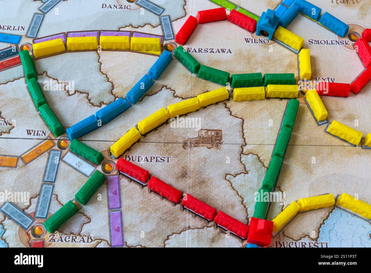 Ticket to Ride Europe board game close up detail - coloured Train Cars ...
