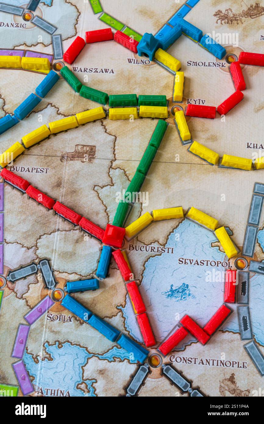 Ticket to Ride Europe board game close up detail - coloured Train Cars ...