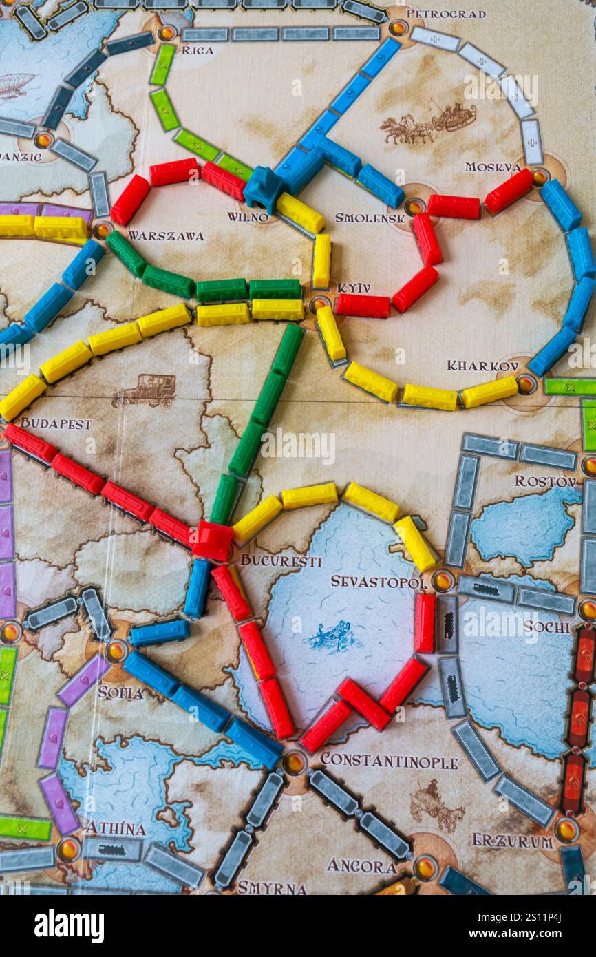 Ticket to Ride Europe board game close up detail - coloured Train Cars ...
