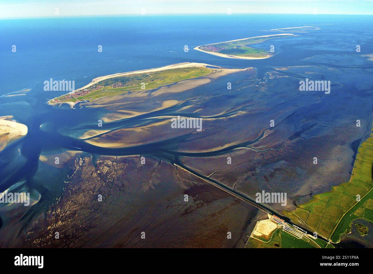 Aerial view, Nessmersiel, island, Baltrum, Wadden Sea, North Sea, ferry ...