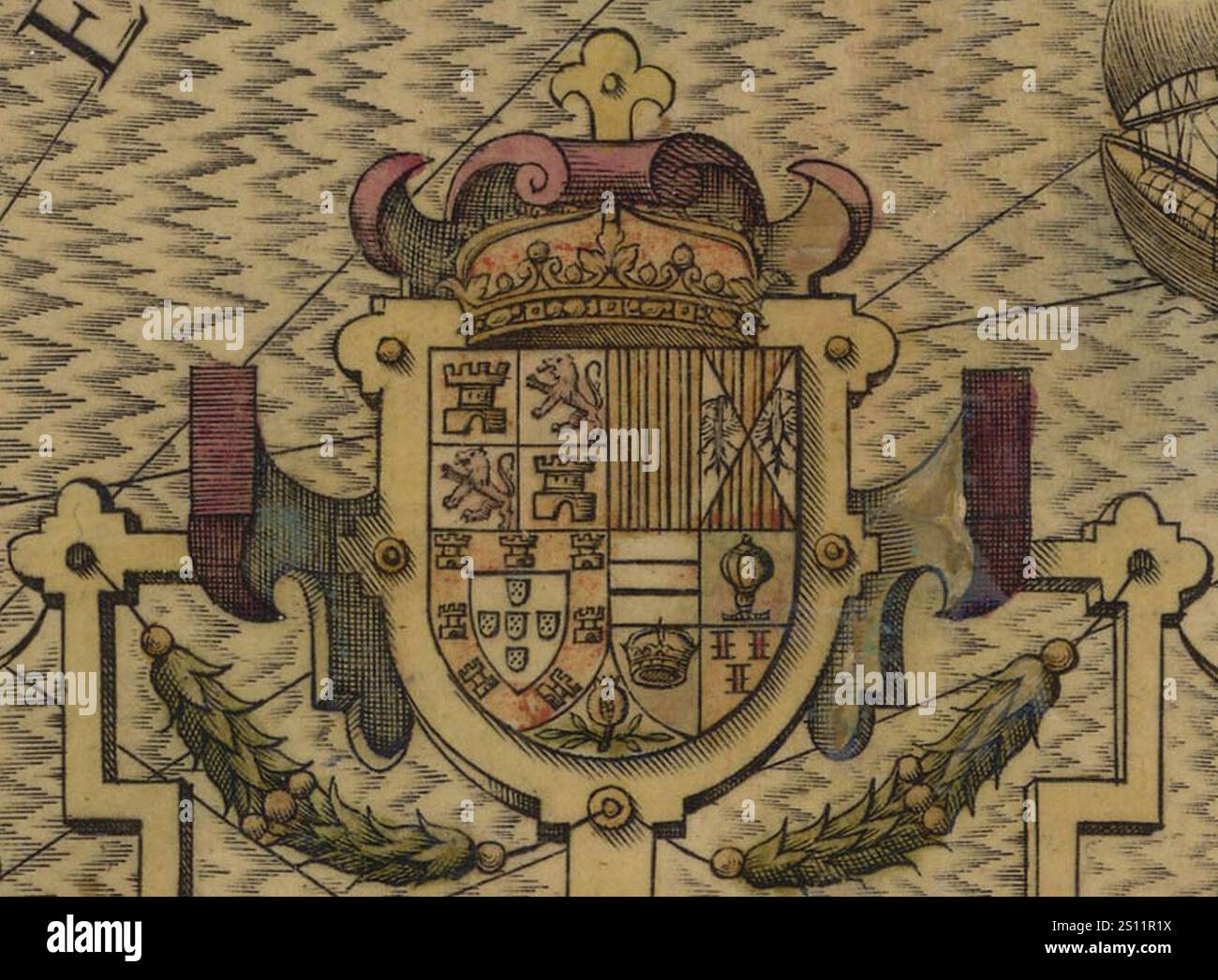 Escudo real hispánico na Hispaniae Nova Describtio de Judocus Hondius e ...