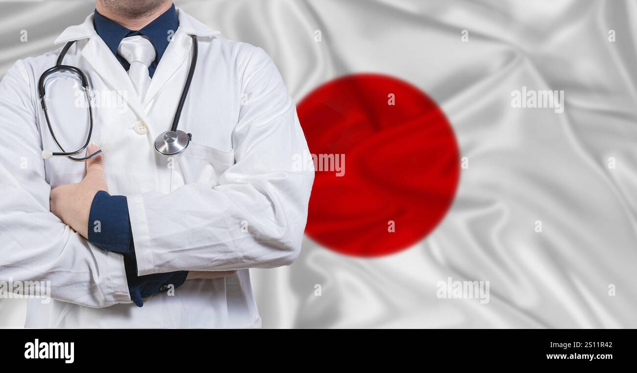 Male doctor with stethoscope on Japan flag. Doctor holding stethoscope ...