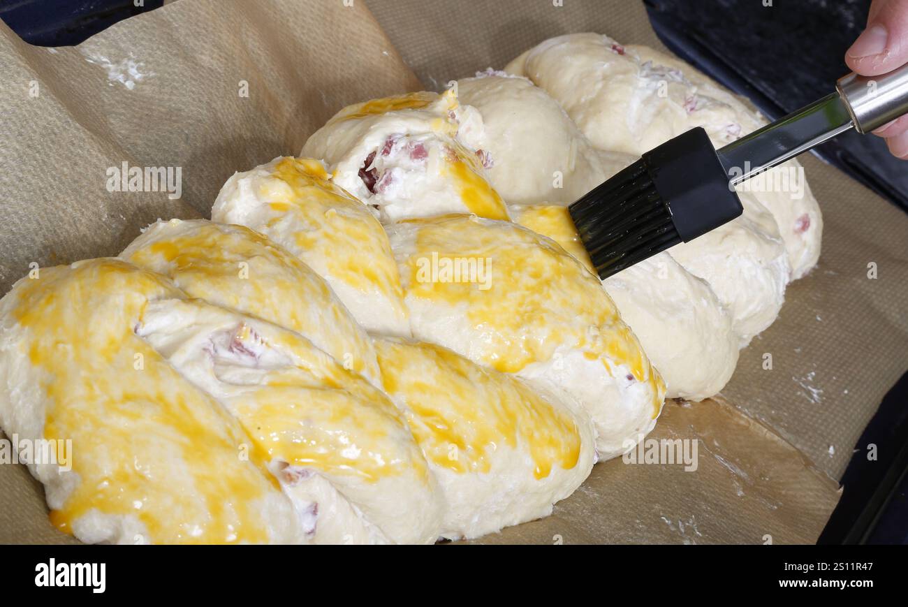 Swabian cuisine, preparation of savoury yeast plait with smoked meat ...