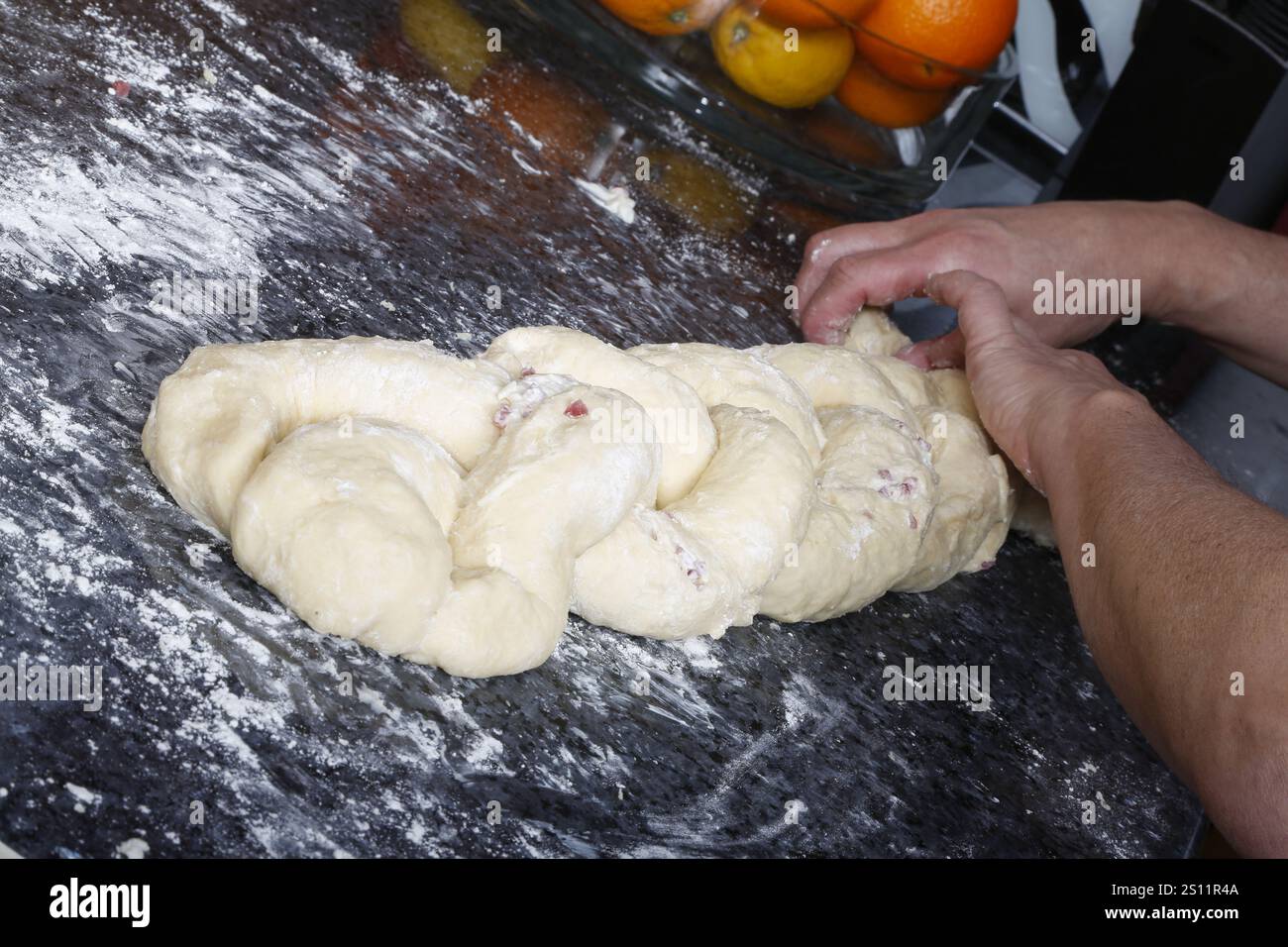 Swabian cuisine, preparation of savoury yeast plait with smoked meat ...