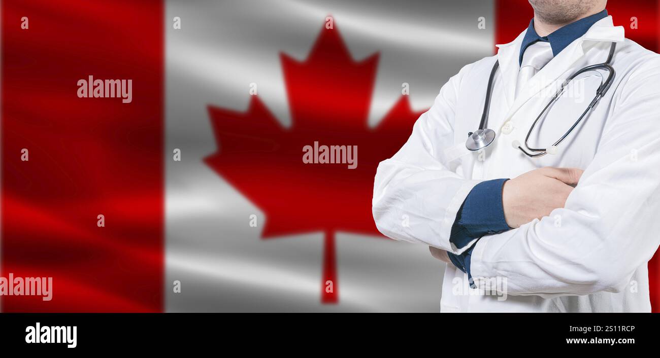 Canada Health and Care concept. Male doctor on Canada flag. Doctor with ...