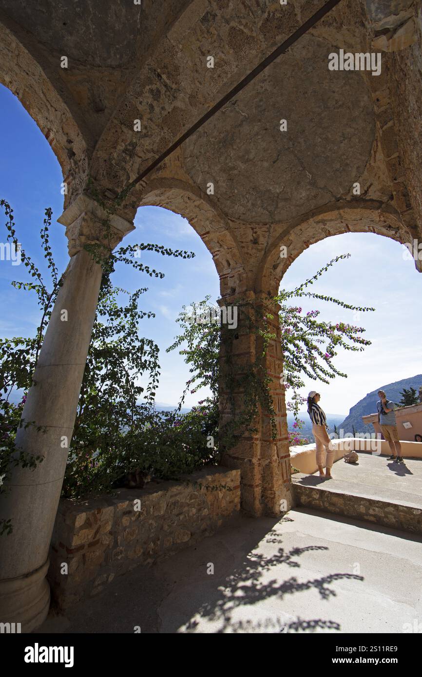 Arcades in the Pantanassa nunnery, Byzantine ruined city of Mystras or ...