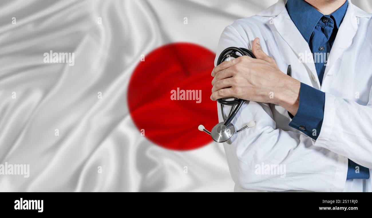 Doctor with stethoscope on Japan flag. Doctor holding stethoscope on ...
