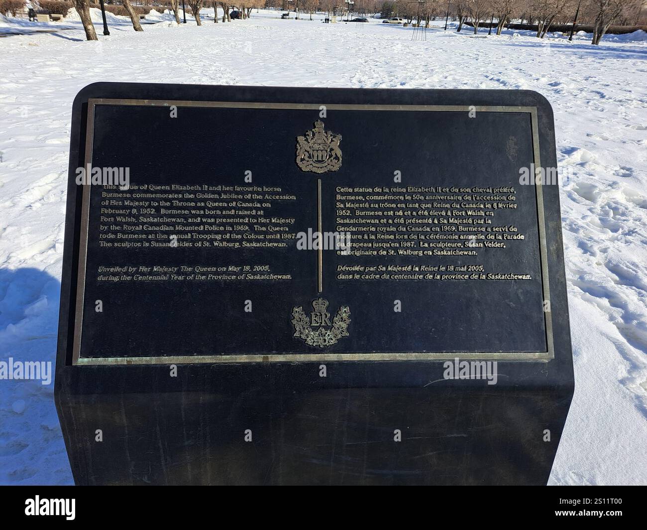 Information plaque for equestrian statue of Queen Elizabeth II at the ...