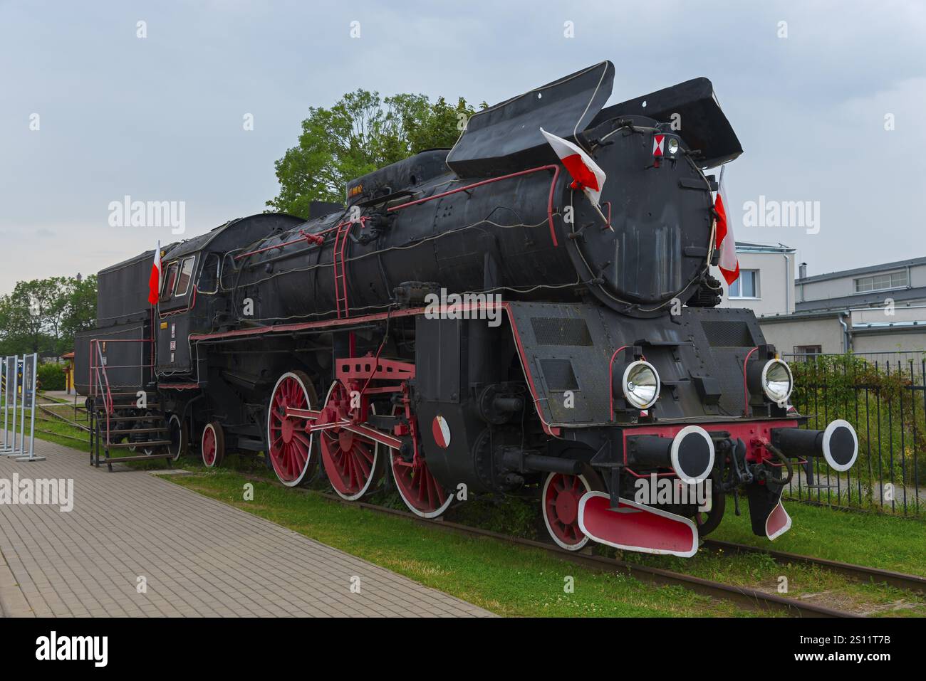 Front view of a black steam locomotive with red details in an open-air ...