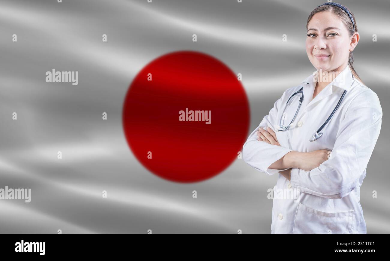 Female doctor on Japan flag. Doctor with crossed arms on Japan flag ...